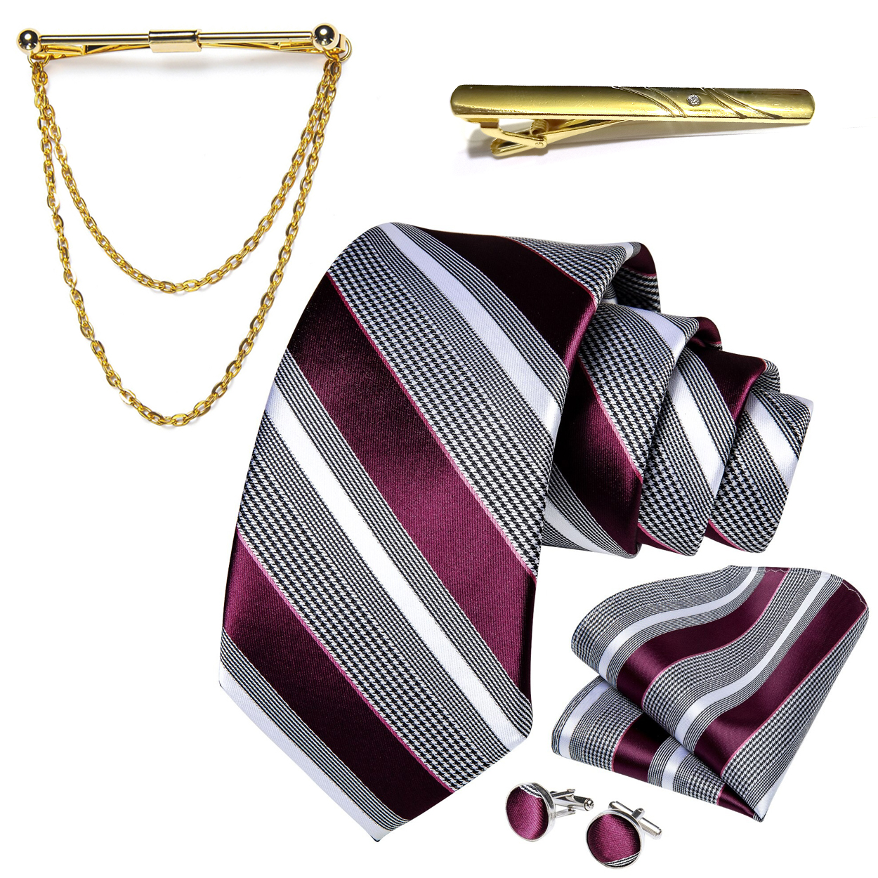 Corbata + Pin cadena dorado + Clip dorado + paño + colleras