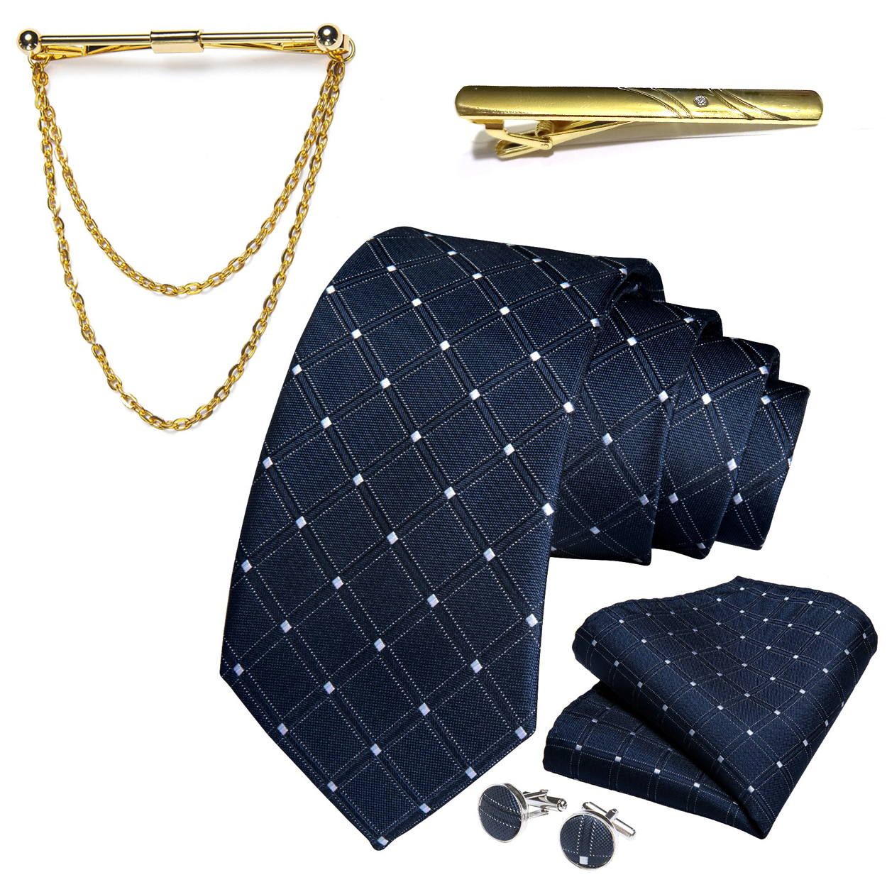 Corbata + Pin cadena dorado + Clip dorado + paño + colleras