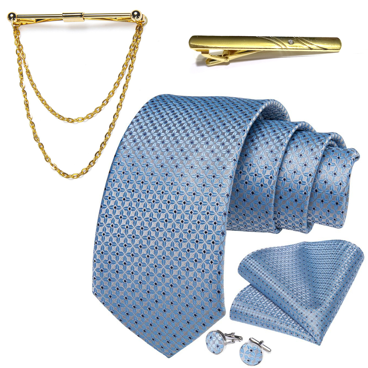 Corbata + Pin cadena dorado + Clip dorado + paño + colleras