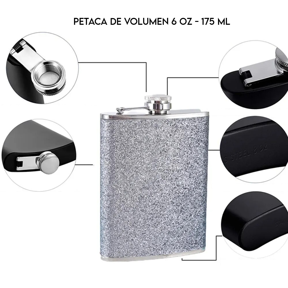 Petaca Licor 175 mL 6 Oz Acero inoxidable. Gris