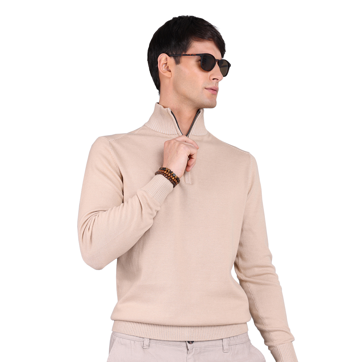 Arrow Chaleco Sweater Half Zipper Liso. Beige