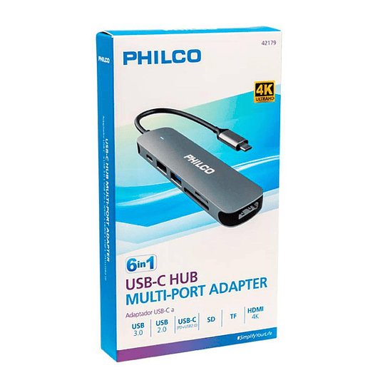 HUB USB TIPO-C PHILCO 6 EN 1 USB HDMI 4K MICRO SD GRIS