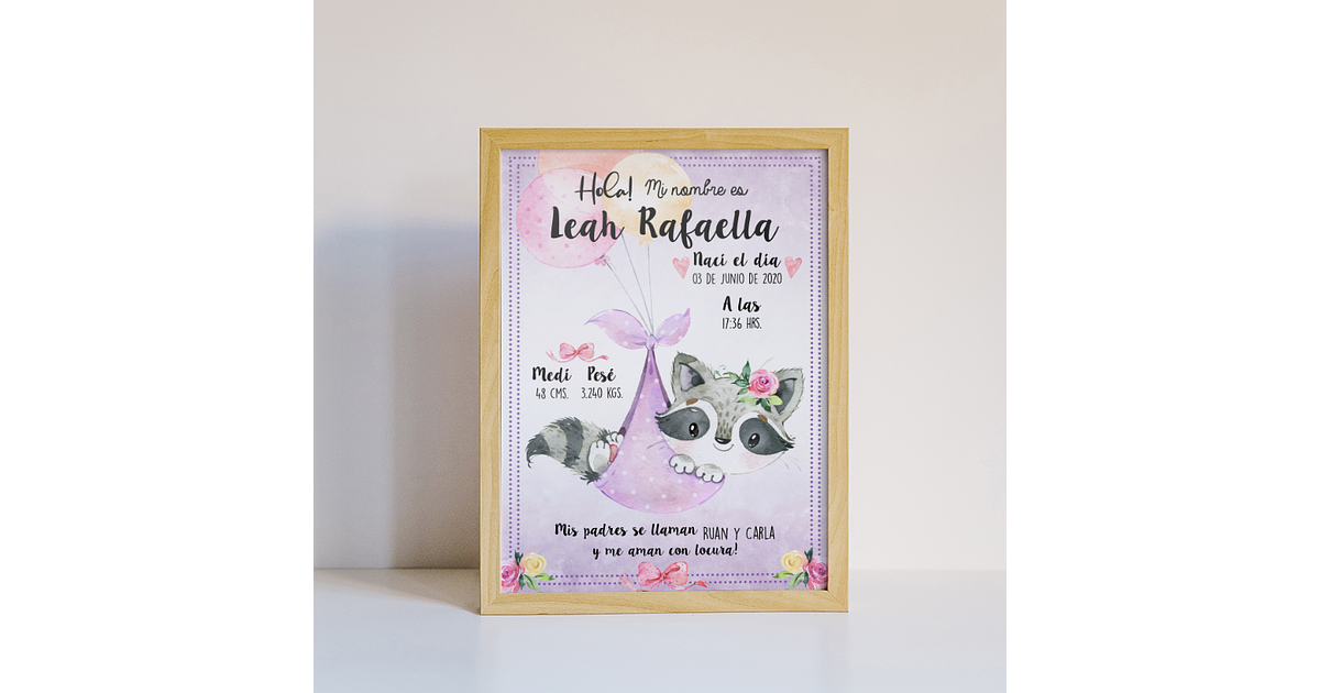 Plantilla para Cuadro de Nacimiento Mapachita Mapache Editab