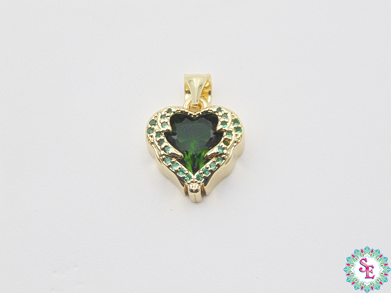 RODIO DORADO DIJE CORAZON ALAS CIRCON VERDE 14MM