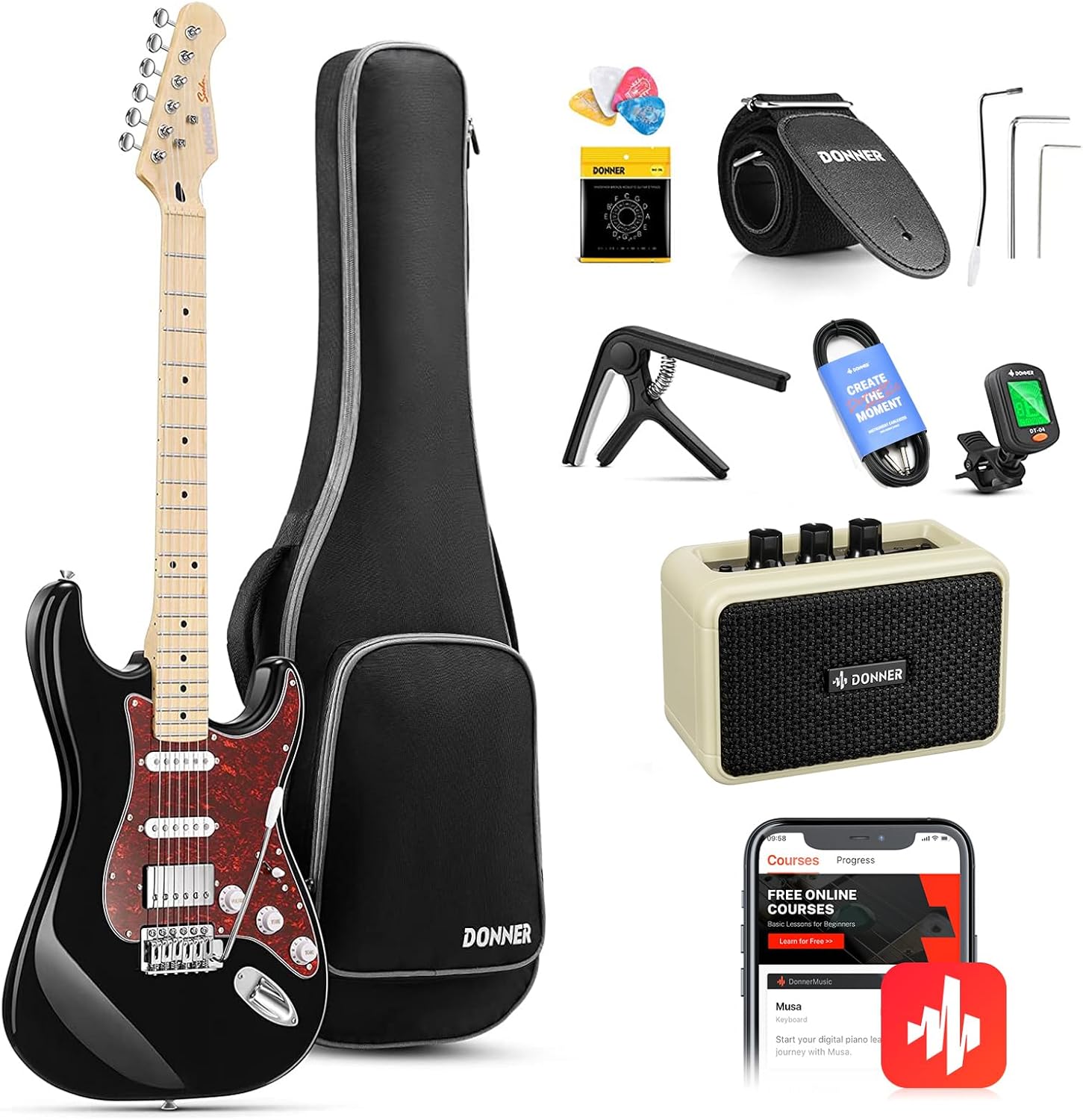 Pack Guitarra Eléctrica Stratocaster Donner DST-152B Black