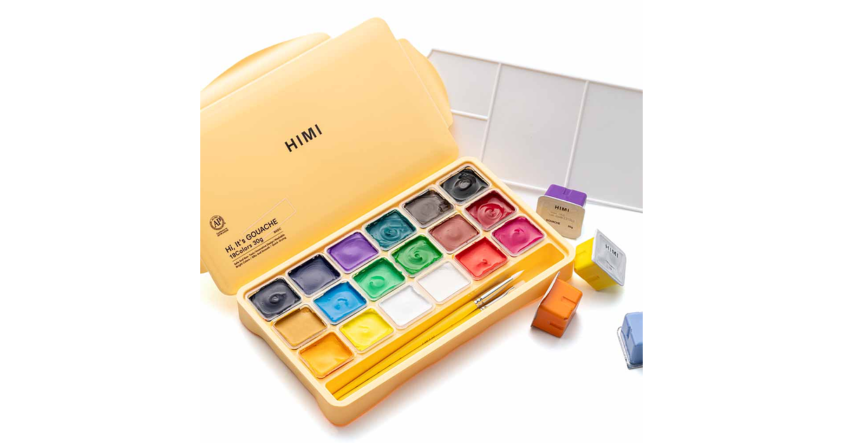 HIMI SET GOUACHE 18 COLORES / 30GR + PINCELES (ESTUCHE AMARI