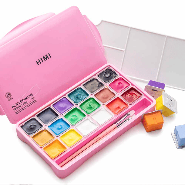 HIMI SET GOUACHE 18 COLORES / 30GR + PINCELES (ESTUCHE ROSAD