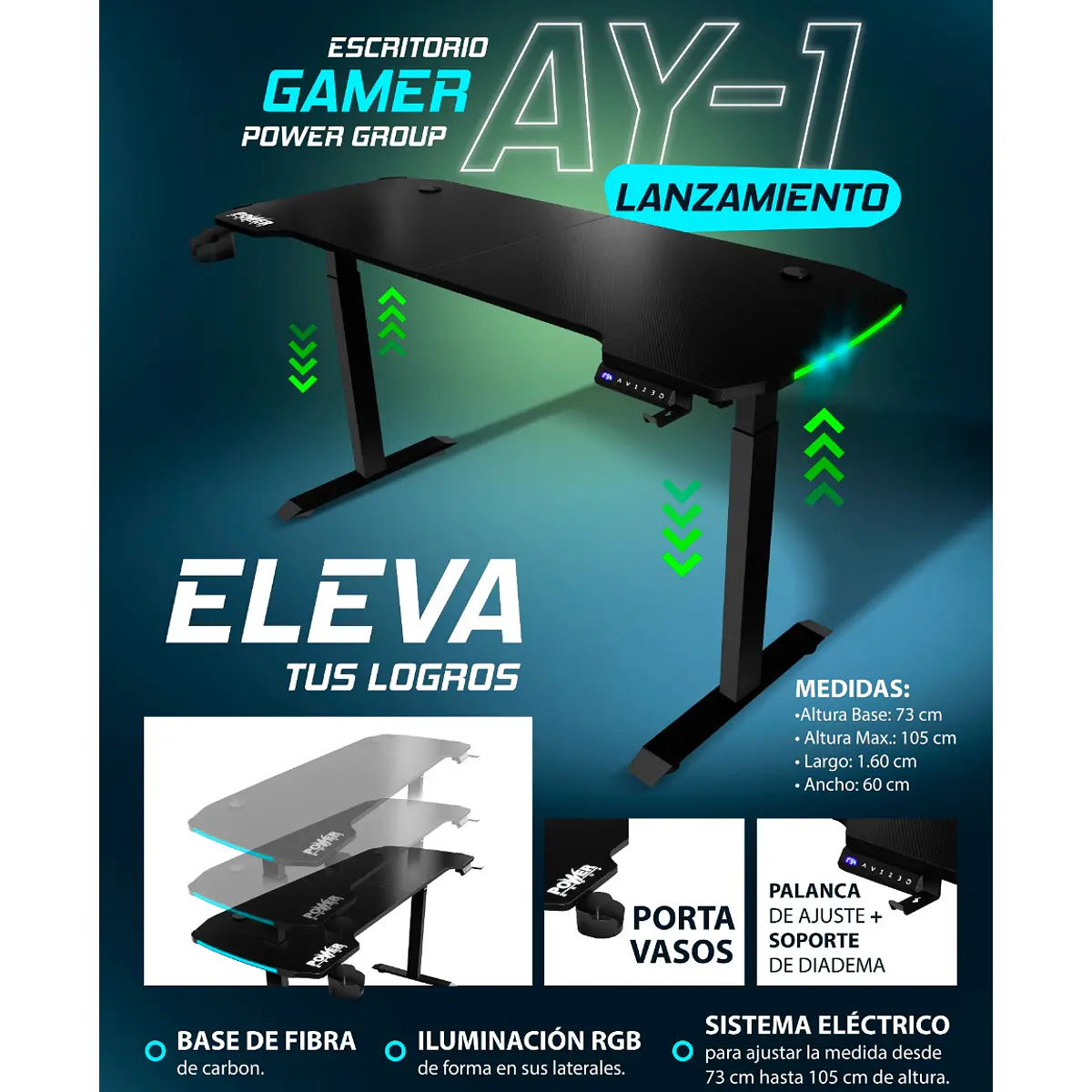 MESA GAMER RGB ELECTRICA ELEVABLE - POWER