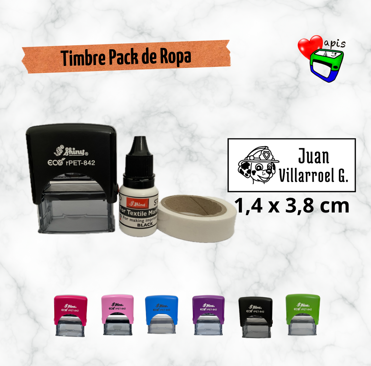 Pack de Ropa: Timbre, cinta y tinta, marca Shiny.