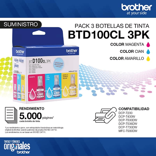 Brother Pack de 3 Colores BTD100 | Tinta Original