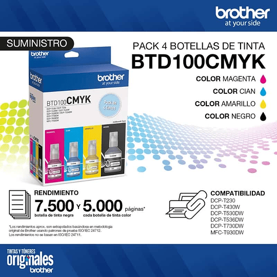 Brother Pack 4 Colores BTD100 C/M/Y/BK | Tinta Original