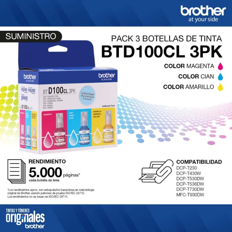 Brother Pack de 3 Colores BTD100 | Tinta Original
