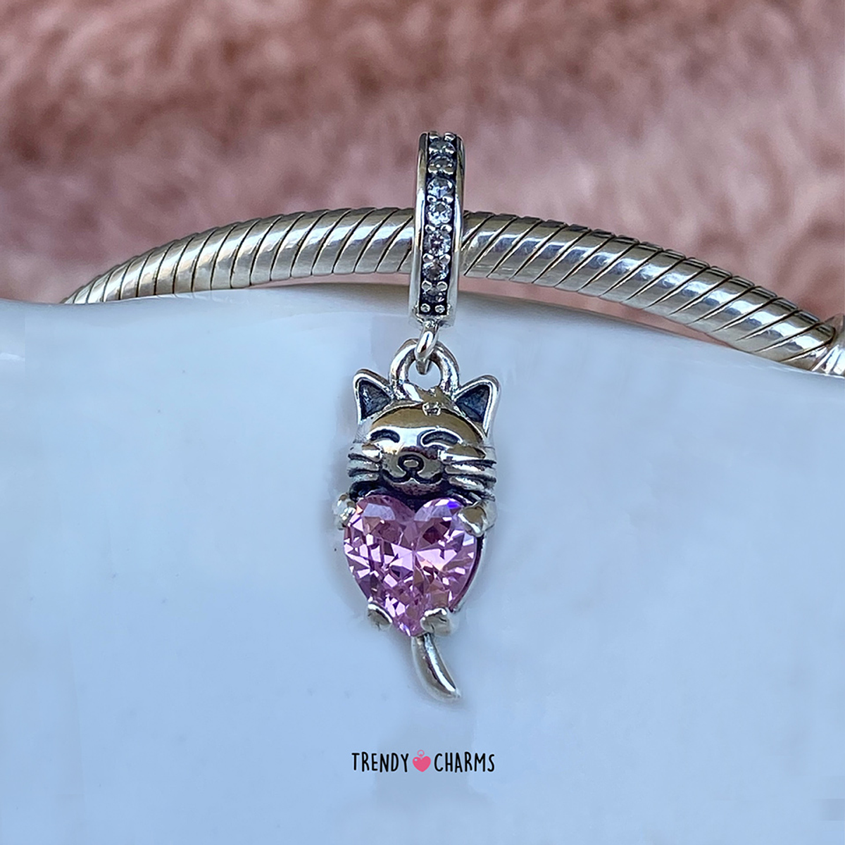 Charm Gato Corazón Rosa Plata 925
