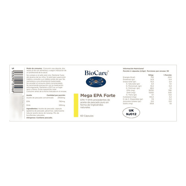 Biocare Omega 3 Mega Epa 60 Cap Cerebro Salud Cardiovascular