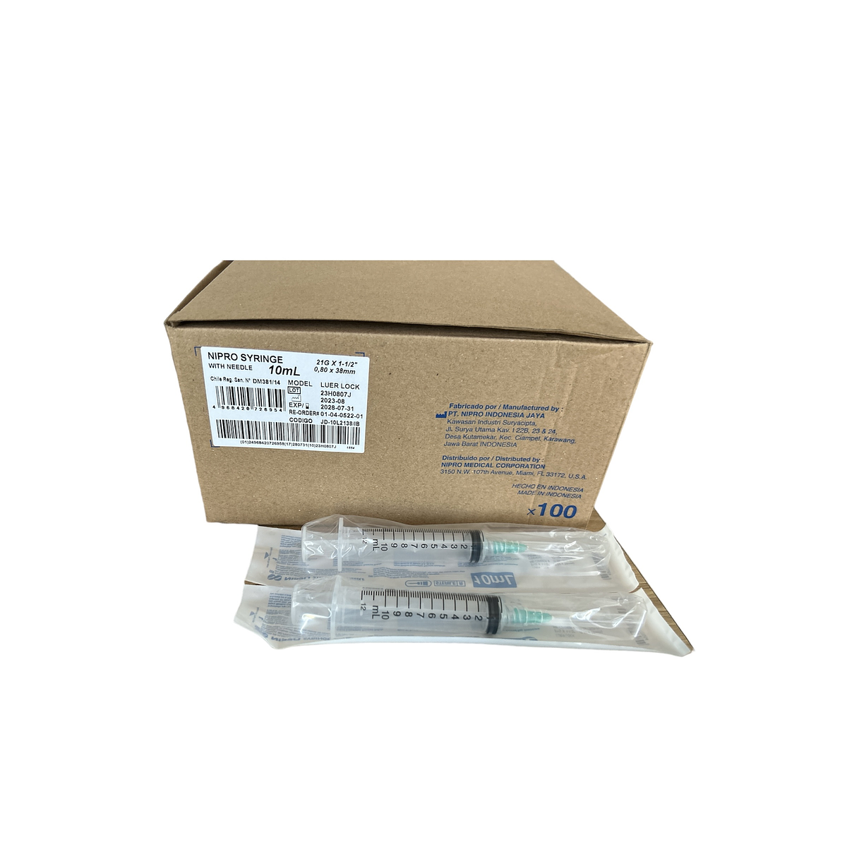 Jeringa 10ml Luer Lock 21gx1 1/2 Nipro 100 Unidades