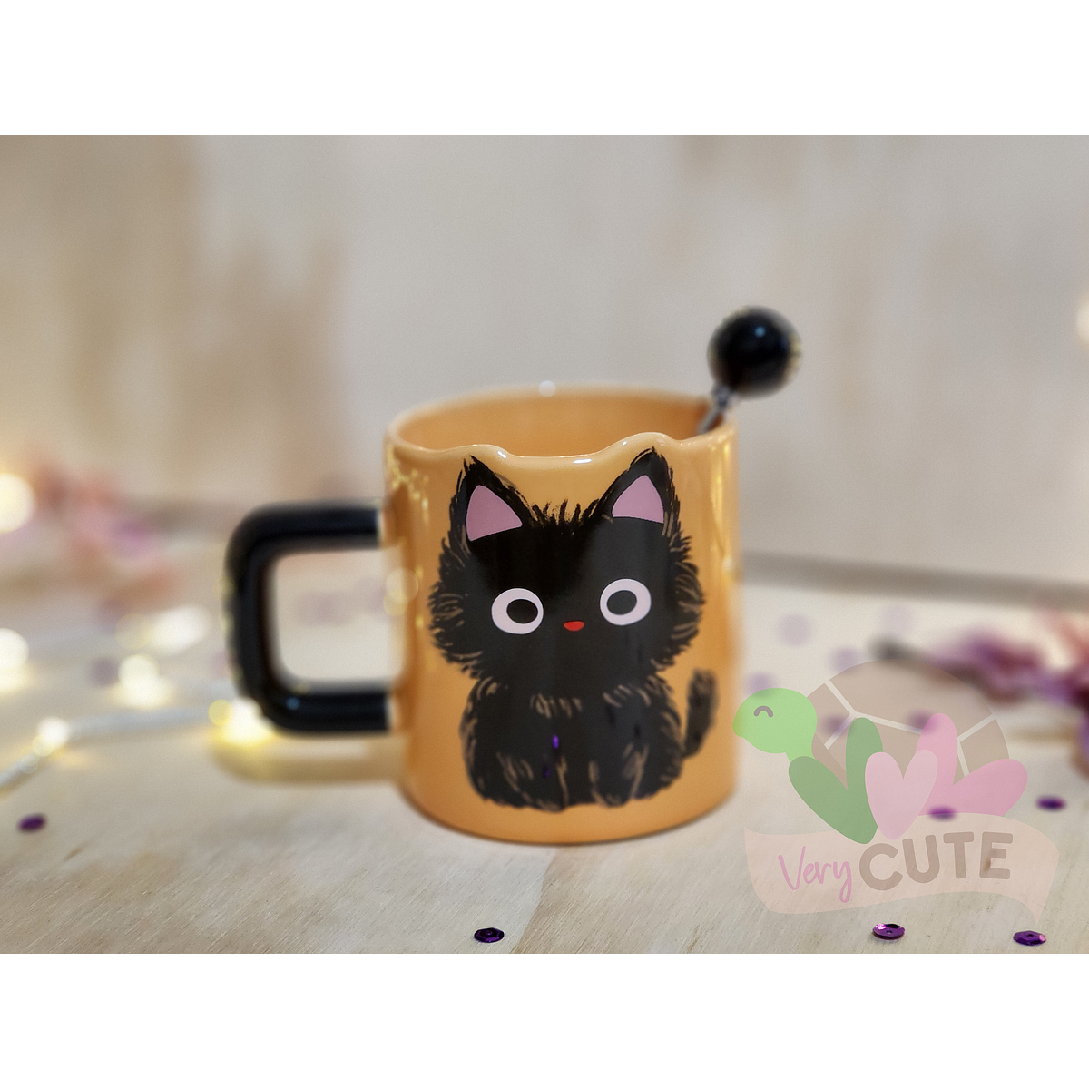 Tazon Color Naranja con Gato Negro