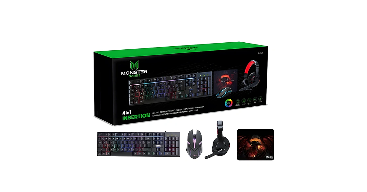 Kit 4 En 1 Monster Insertion K4125, Mouse + Teclado (Es)