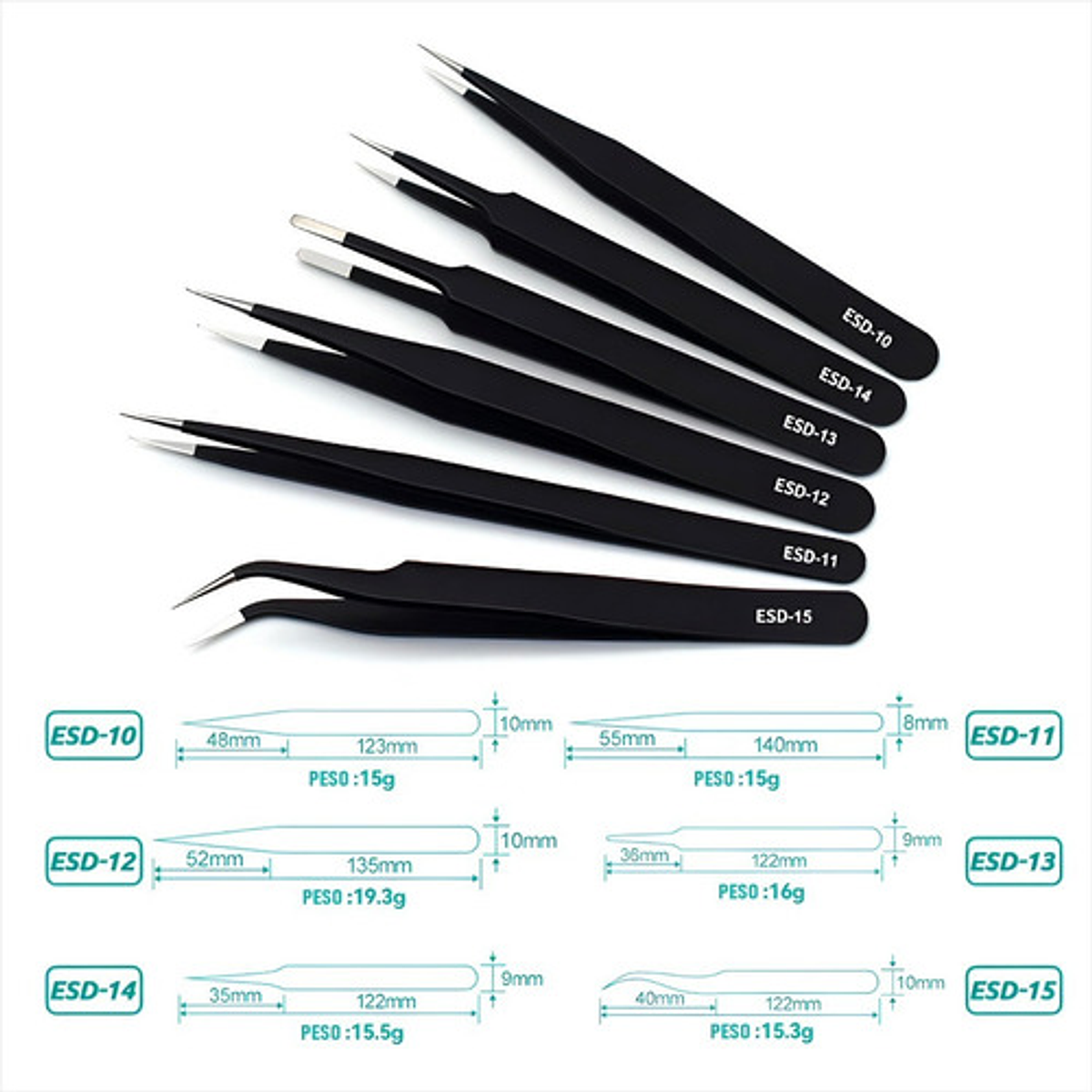 Kit 6 Pinzas Antiestáticas De Precisión, Acero Inoxidable