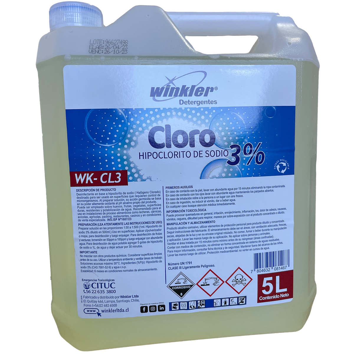 Cloro, Hipoclorito de Sodio al 3% WK-Cl3 5L