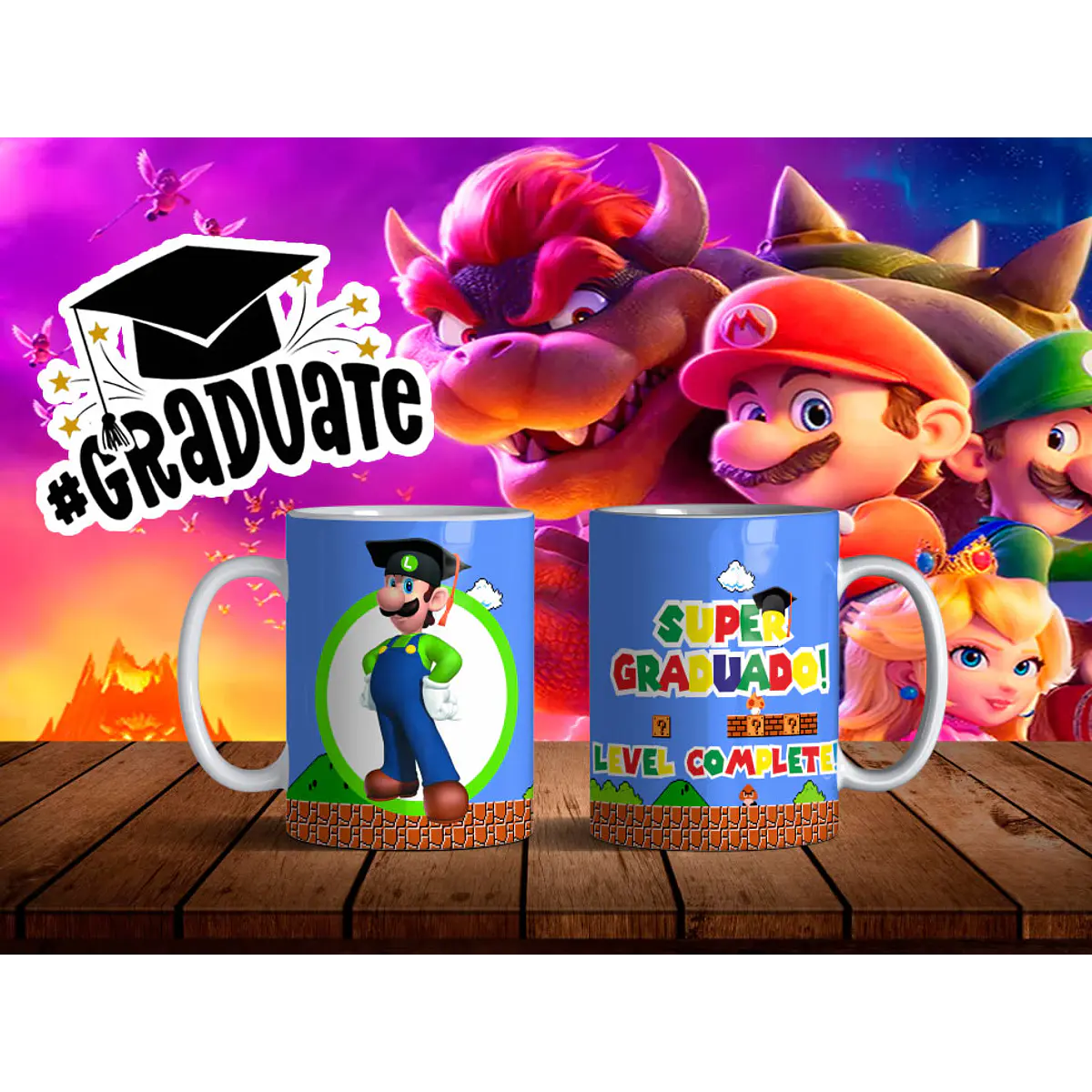 5 Diseños Plantillas Tazas Super Mario Bros Graduado Editabl