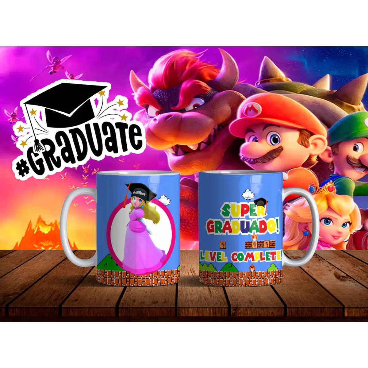 5 Diseños Plantillas Tazas Super Mario Bros Graduado Editabl